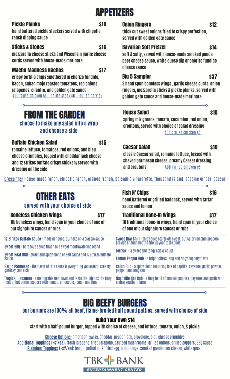 Menu - TBK Bank Sports Complex & Entertainment